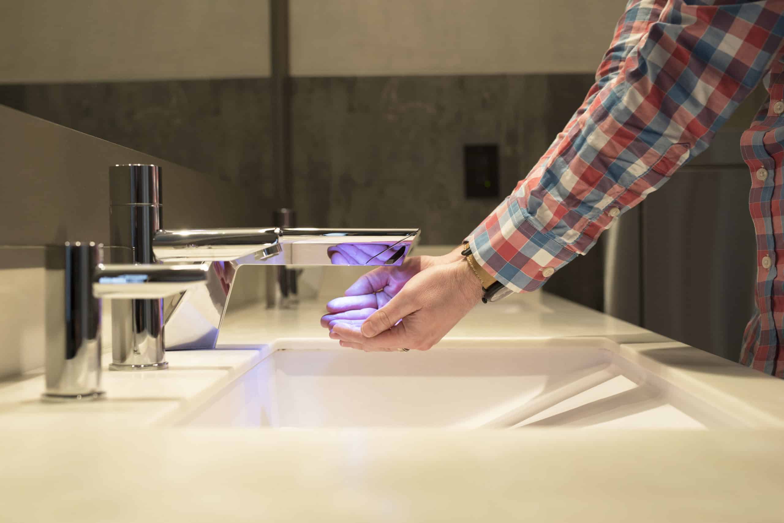 High-end Restrooms featuring Sinks with Built-in Hand Dryers